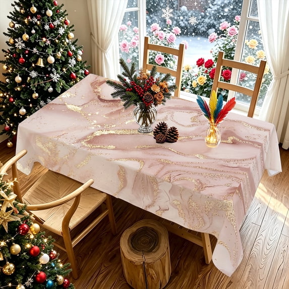 Blush Pink Gold Fluid Marble 2D Print Rectangular Tablecloth, Multi ...