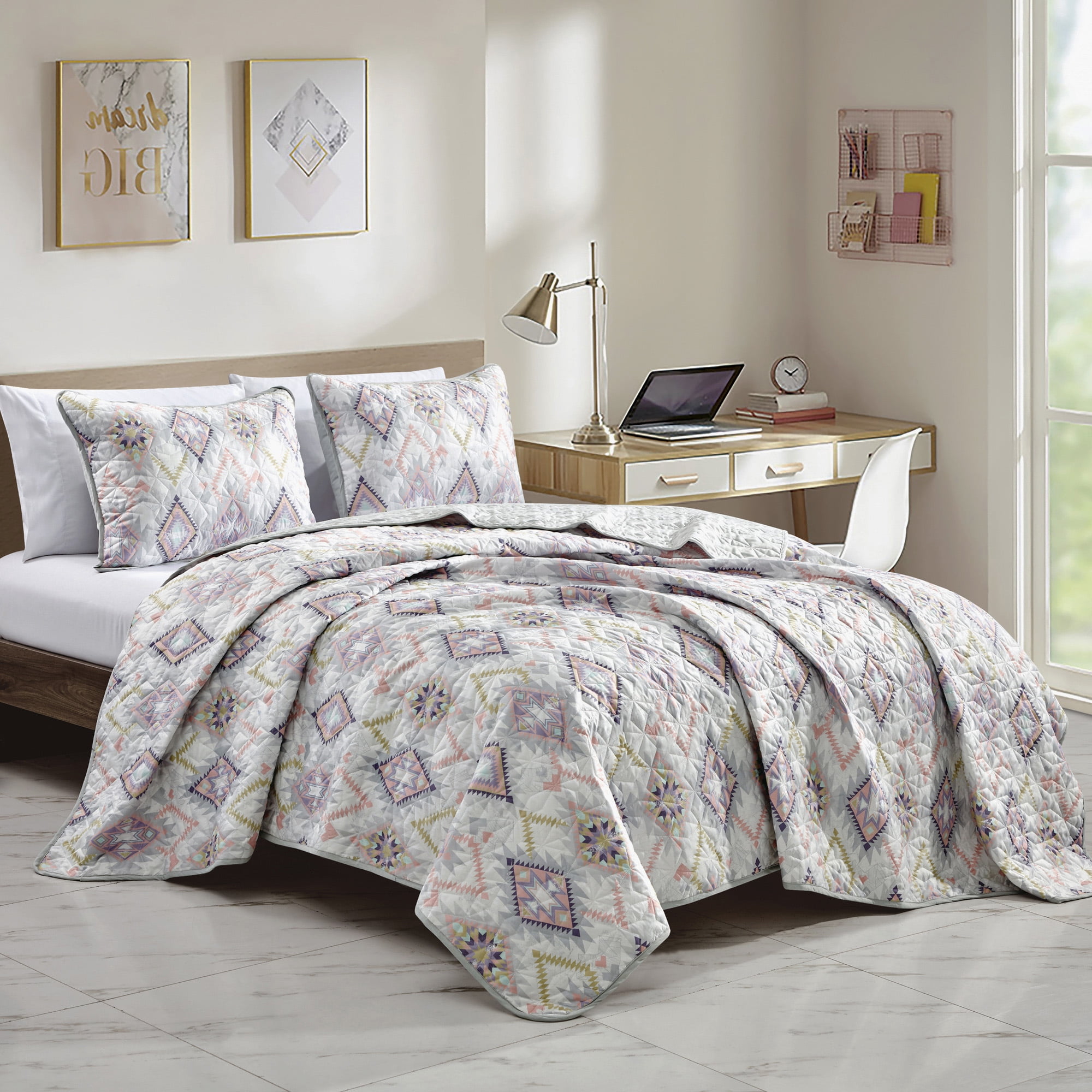 Blush Pink & Grey Geometric 3 Piece Reversible Bedspread Set,Queen ...