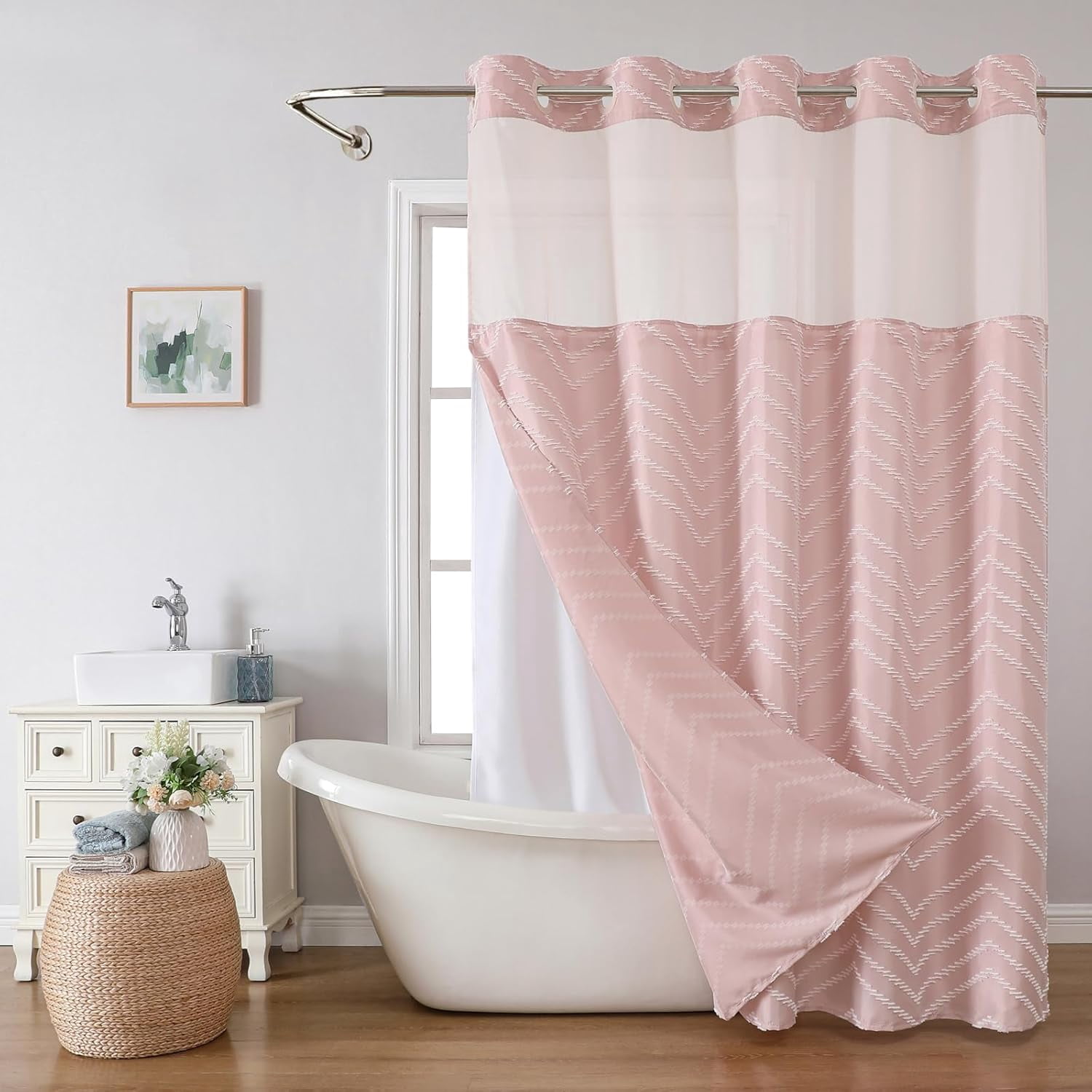 Blush Pink No Hook Shower Curtain with Snap-in Liner Set,Boho Modern ...