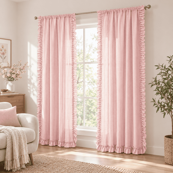 Blush Pink Linen Ruffle Curtains, 58