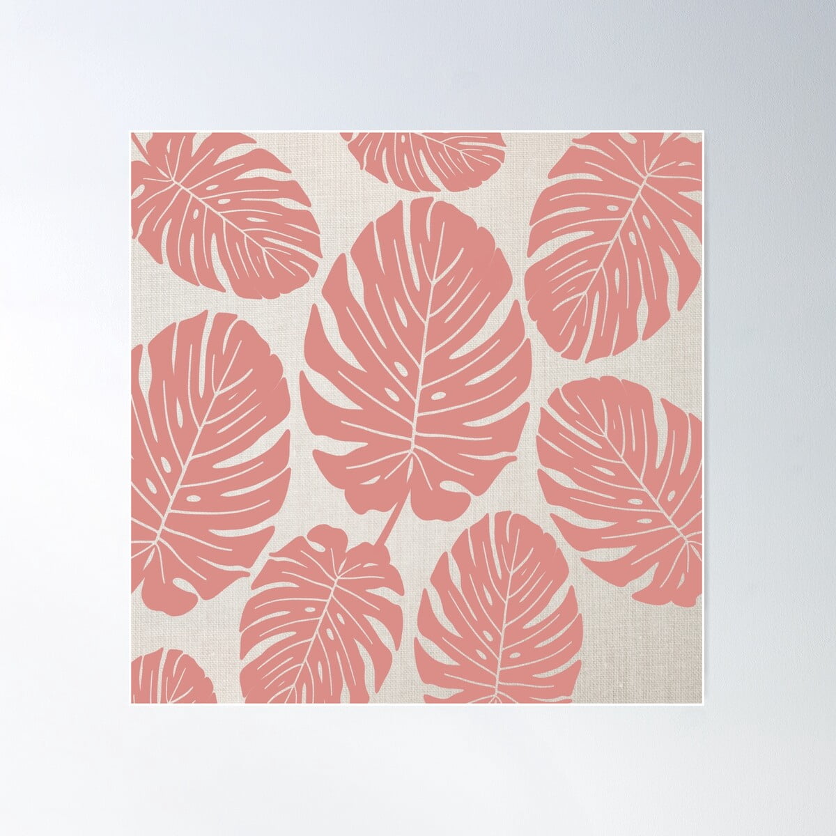 Blush Pink Monstera In White Faux Linen Poster Wall Art, Modern Wall ...