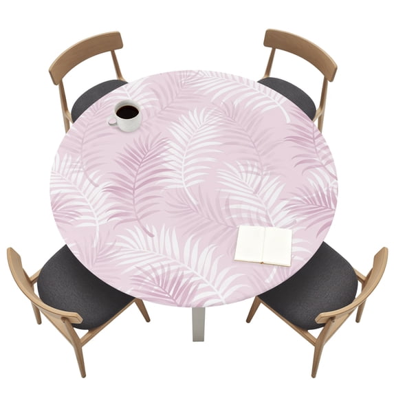 Blush Pink Palm Leaf Pattern Round Fitted Tablecloth with Elastic Edged ...