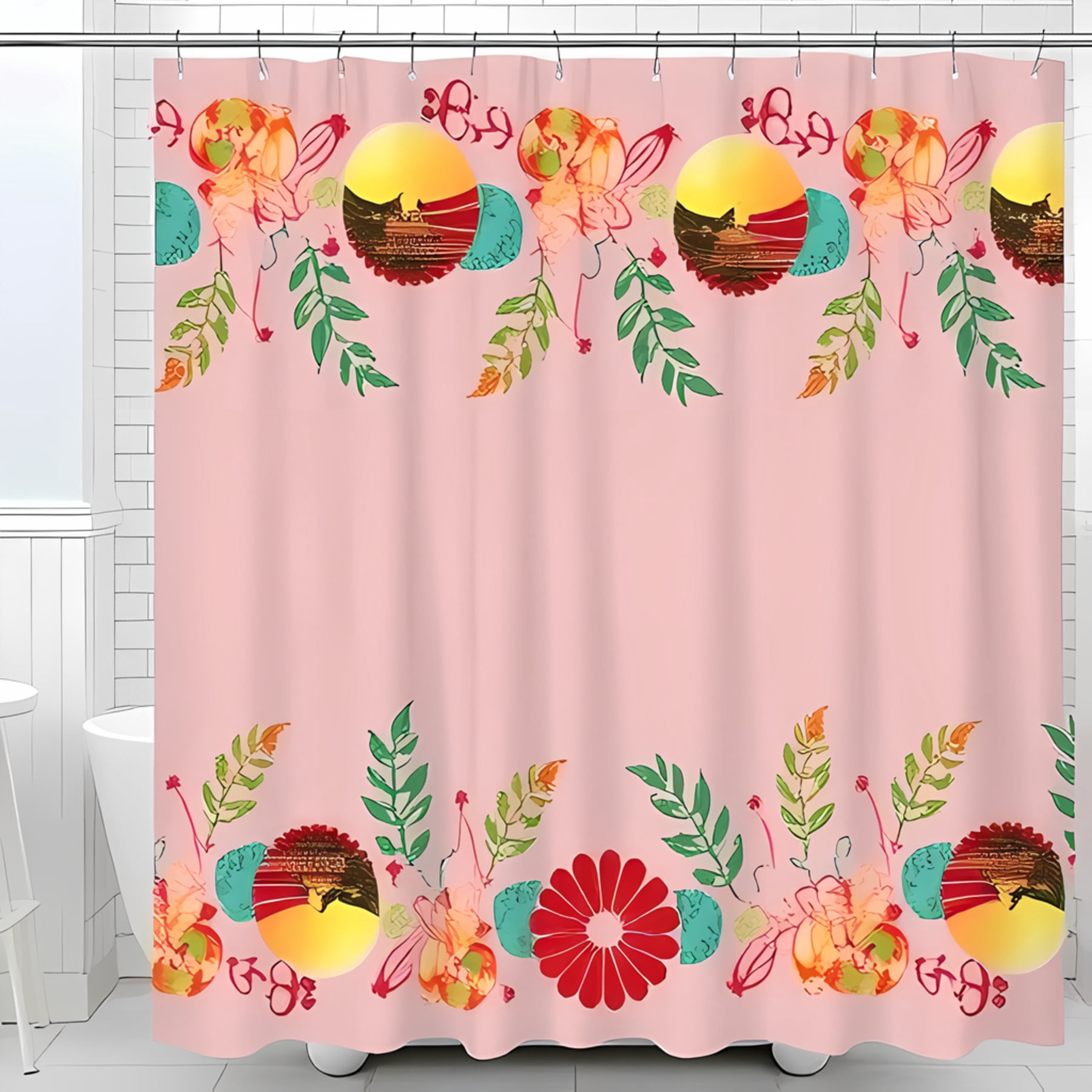 Blush Pink Shower Curtain with Vibrant Folk Art Floral and Border ...