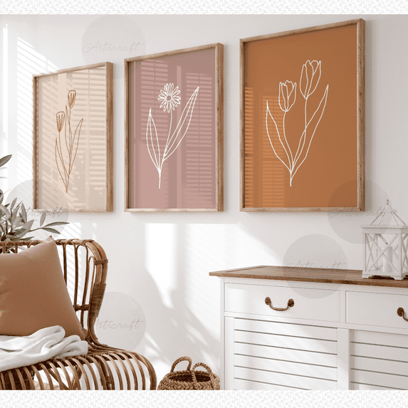 Blush Pink Terracotta Wildflower Botanical Line Art Boho Poster Prints ...