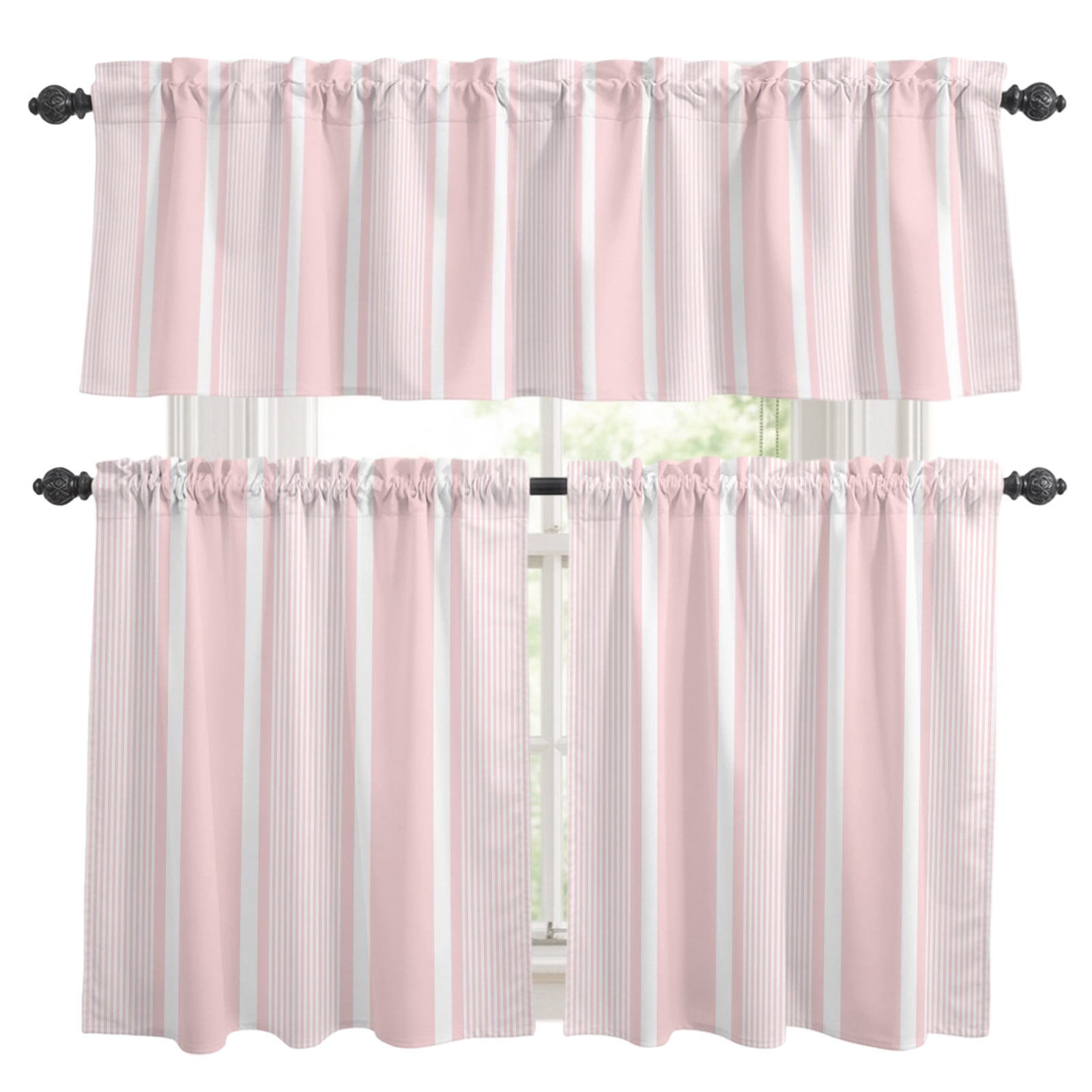 Blush Pink White Stripes Kitchen Curtains Valances 3 Piece Set, Lines ...