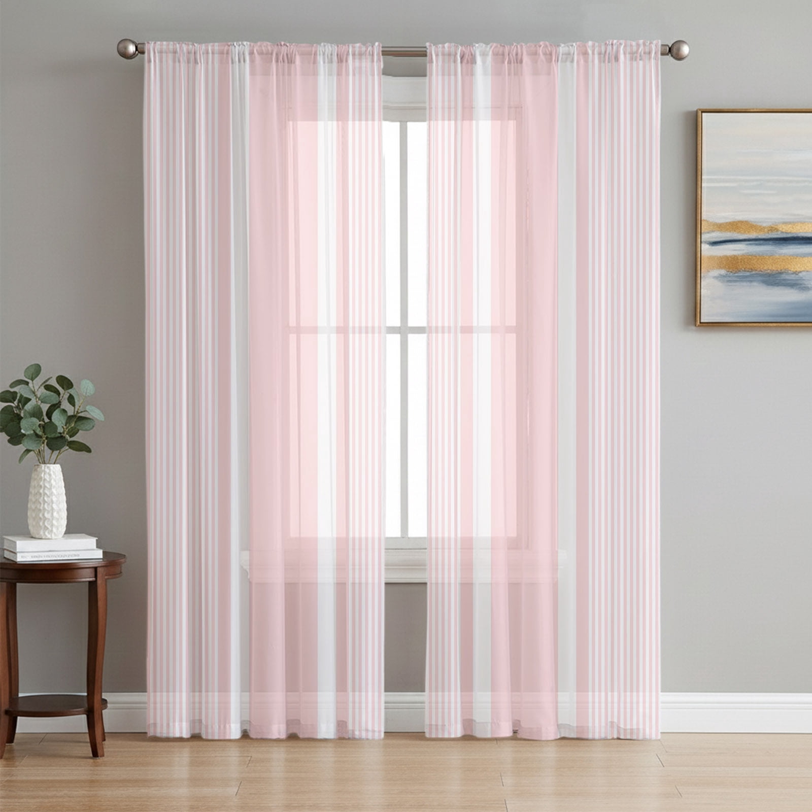 Blush Pink White Stripes Sheer Curtains for Living Room Bedroom, Lines ...