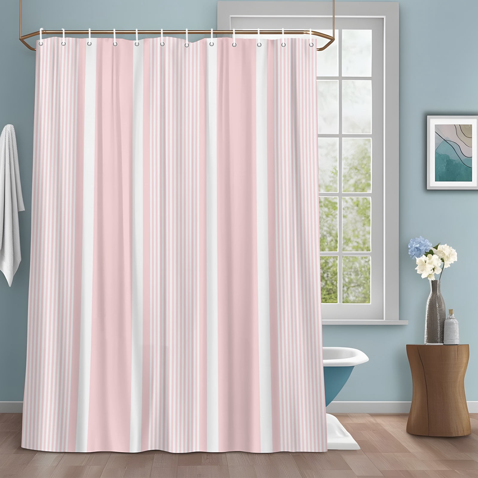 Blush Pink White Stripes Shower Curtain Set with Hooks, Lines Modern ...