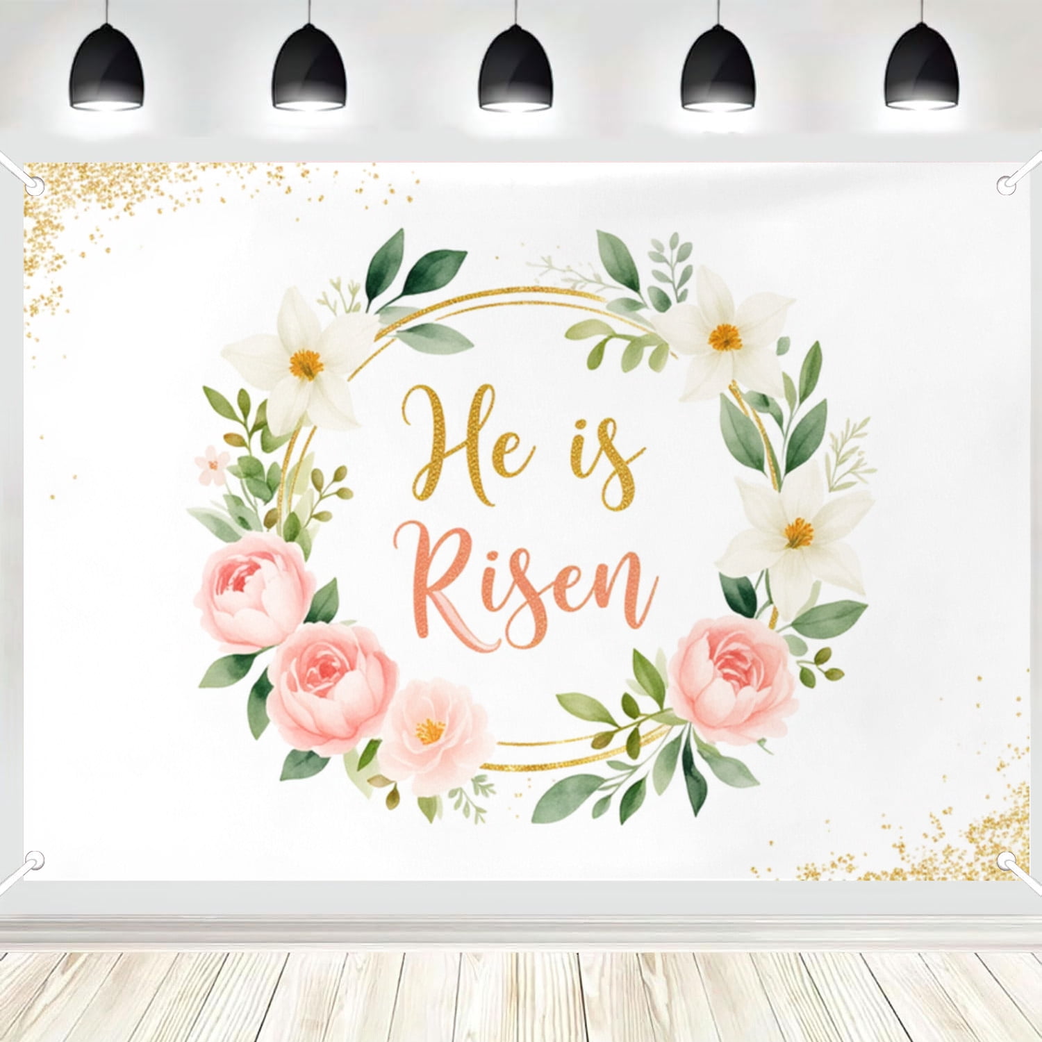 Blush Rose Daffodil Gold Wreath Backdrop, Floral Easter Banner for ...