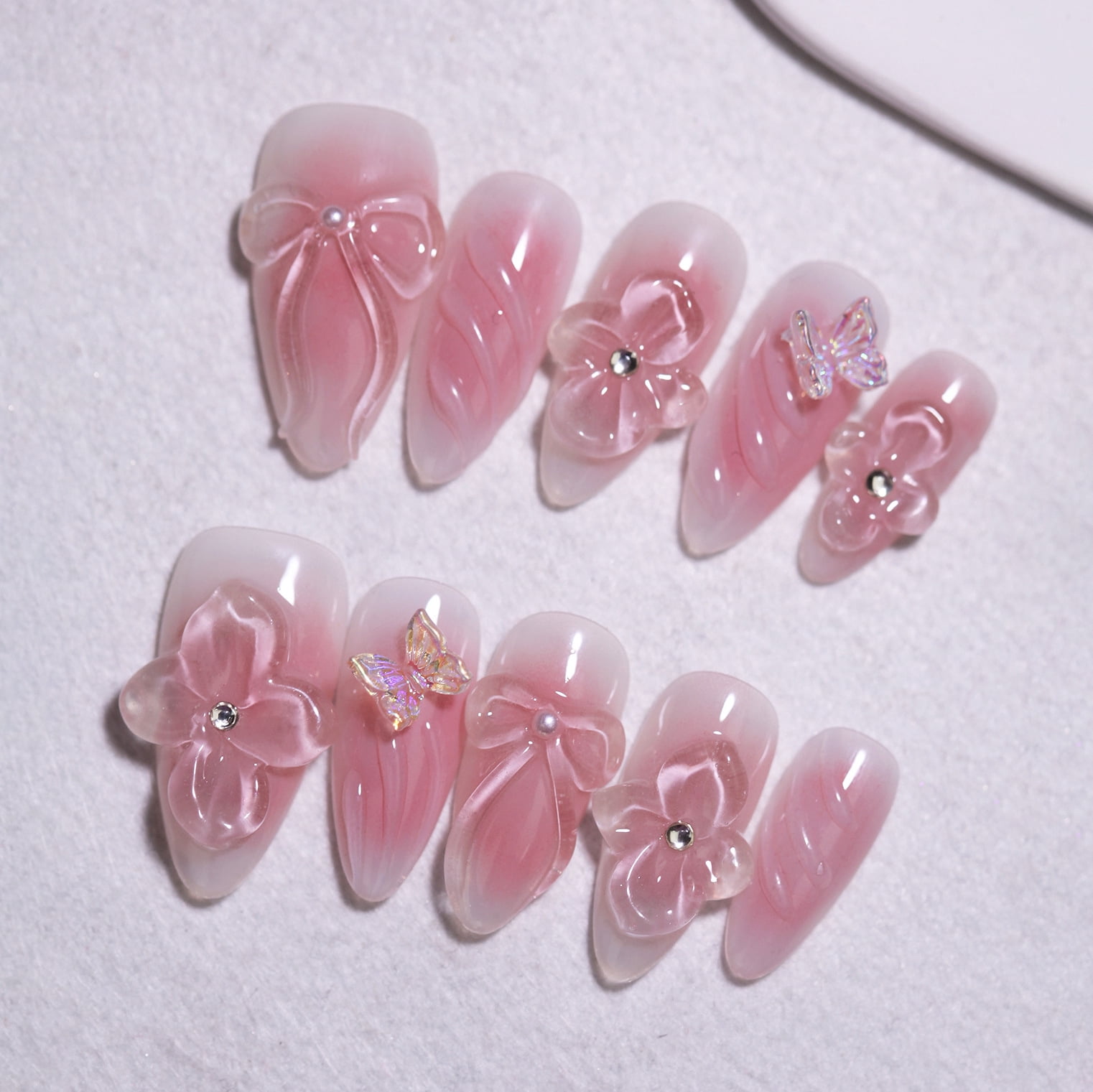 Blush flower French three-dimensional carving pure hand-worn nail art ...