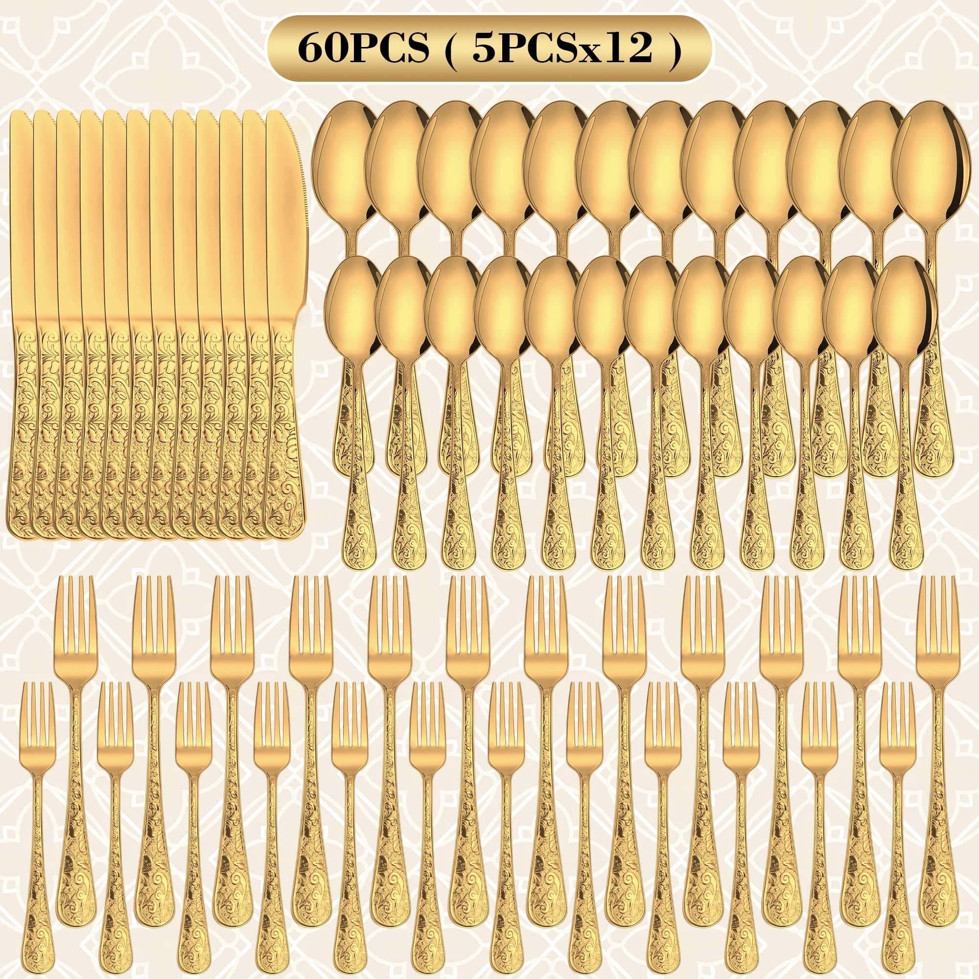 Blusmart 60-Piece Gold Flatware Set, 12-Serving Flatware Set with Steak ...