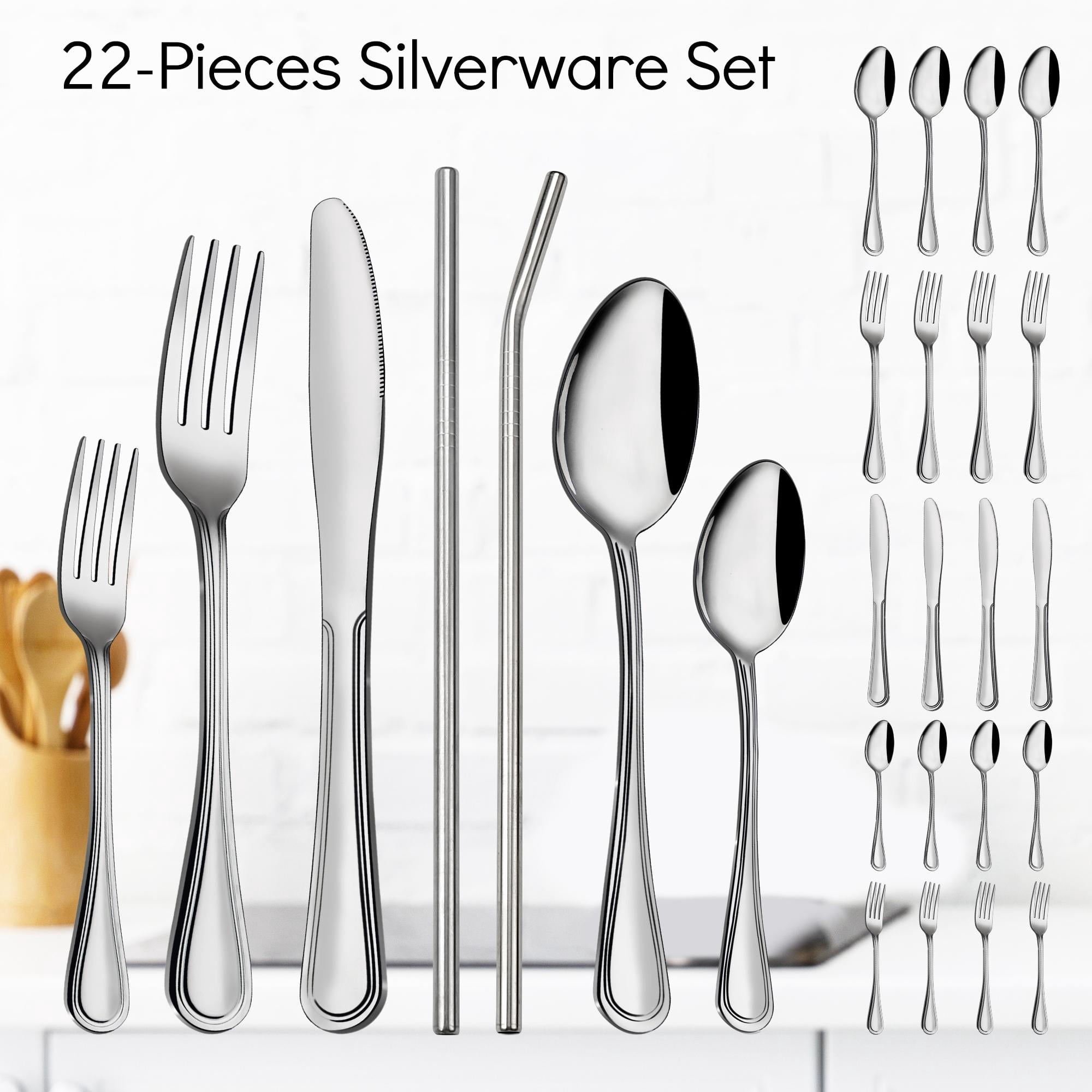 Blusmart Silver Flatware Set for 4, 22-Piece Silver Flatware Set ...