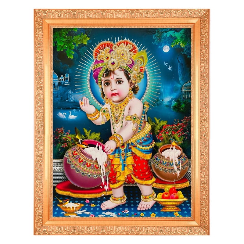 Bm Traders Bal Krishna Bhagwan Zari Print Photo In Religious Frame (14 ...