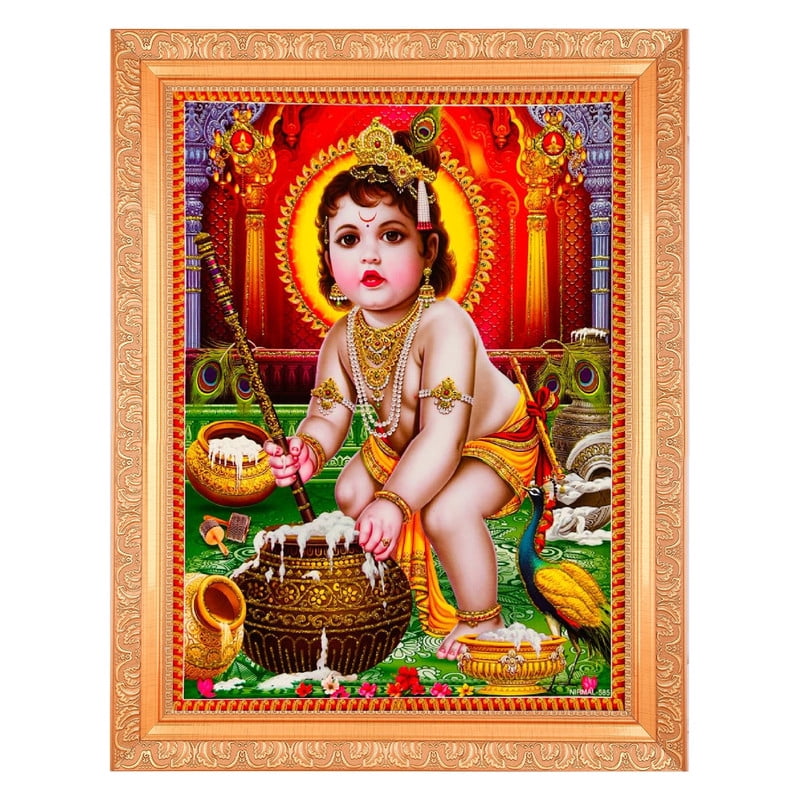 Bm Traders Bal Krishna With Makhan Matki Zari Print Photo In ArtWork ...