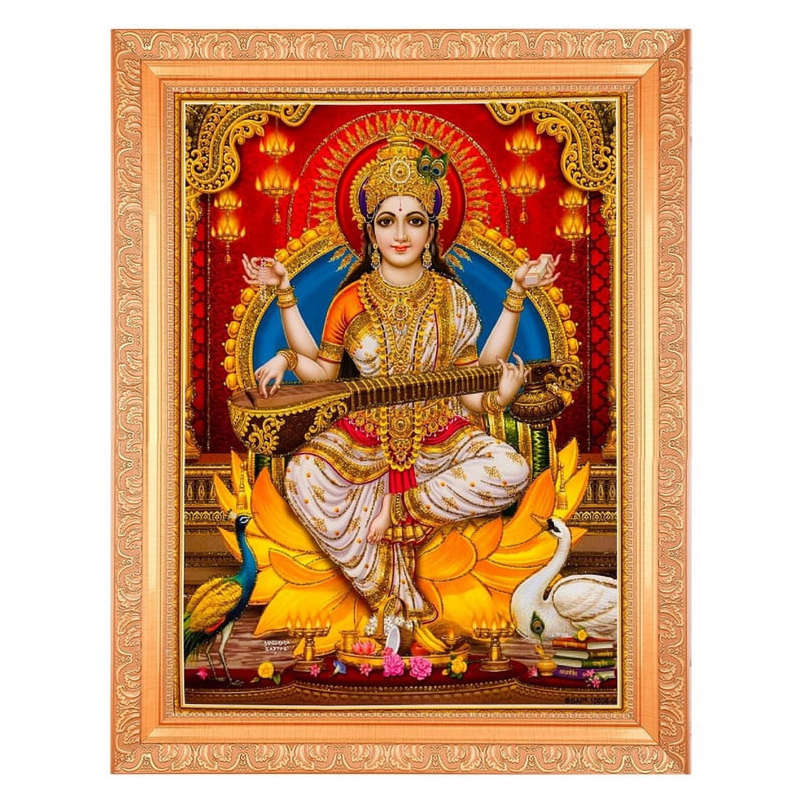 Bm Traders Devi Saraswati-Ji Zari Print Photo In ArtWork Golden Frame ...