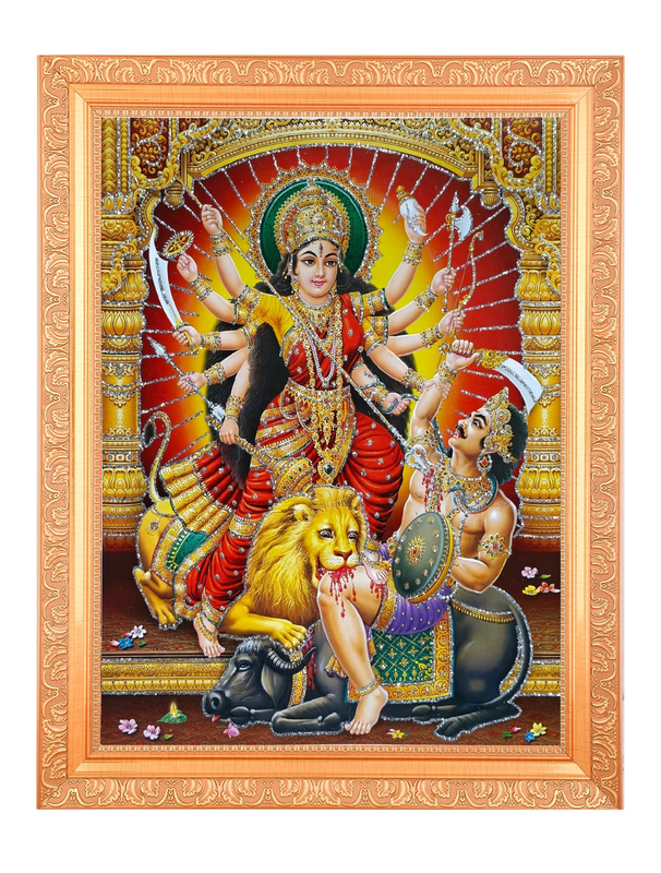 Bm Traders Goddess Durga Killing Mahishasur Mardini Zari Print Photo In ...