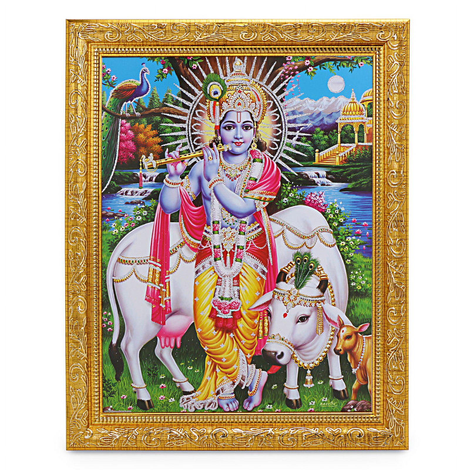 Bm Traders Krishna Bhagwan Zari Print Photo In ArtWork Golden Frame (11 ...