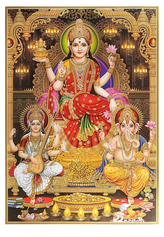 Bm Traders Lakshmi Saraswati Ganesh Golden Zari Art Work Poster Without ...