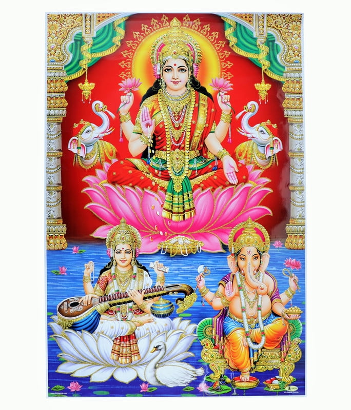 Bm Traders Laxmi Saraswati Ganesh Golden Zari Art Work Poster Without ...