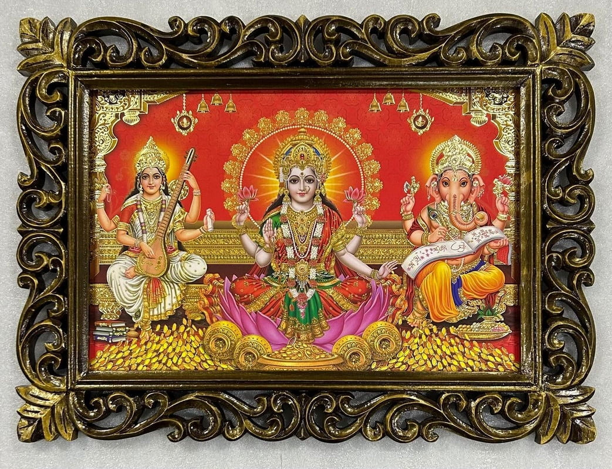 Bm Traders Maa Lakshmi Maa Saraswati Ganeshji Gold Artwork Print Photo ...