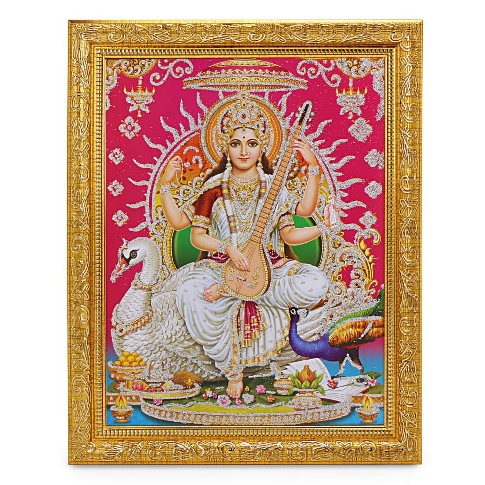 Bm Traders Maa Saraswati-Ji Zari Print Photo In ArtWork Golden Frame ...