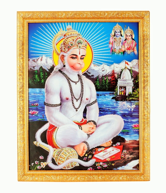 Bm Traders Meditating Hanuman With Ram Sita Zari Print Photo In ...