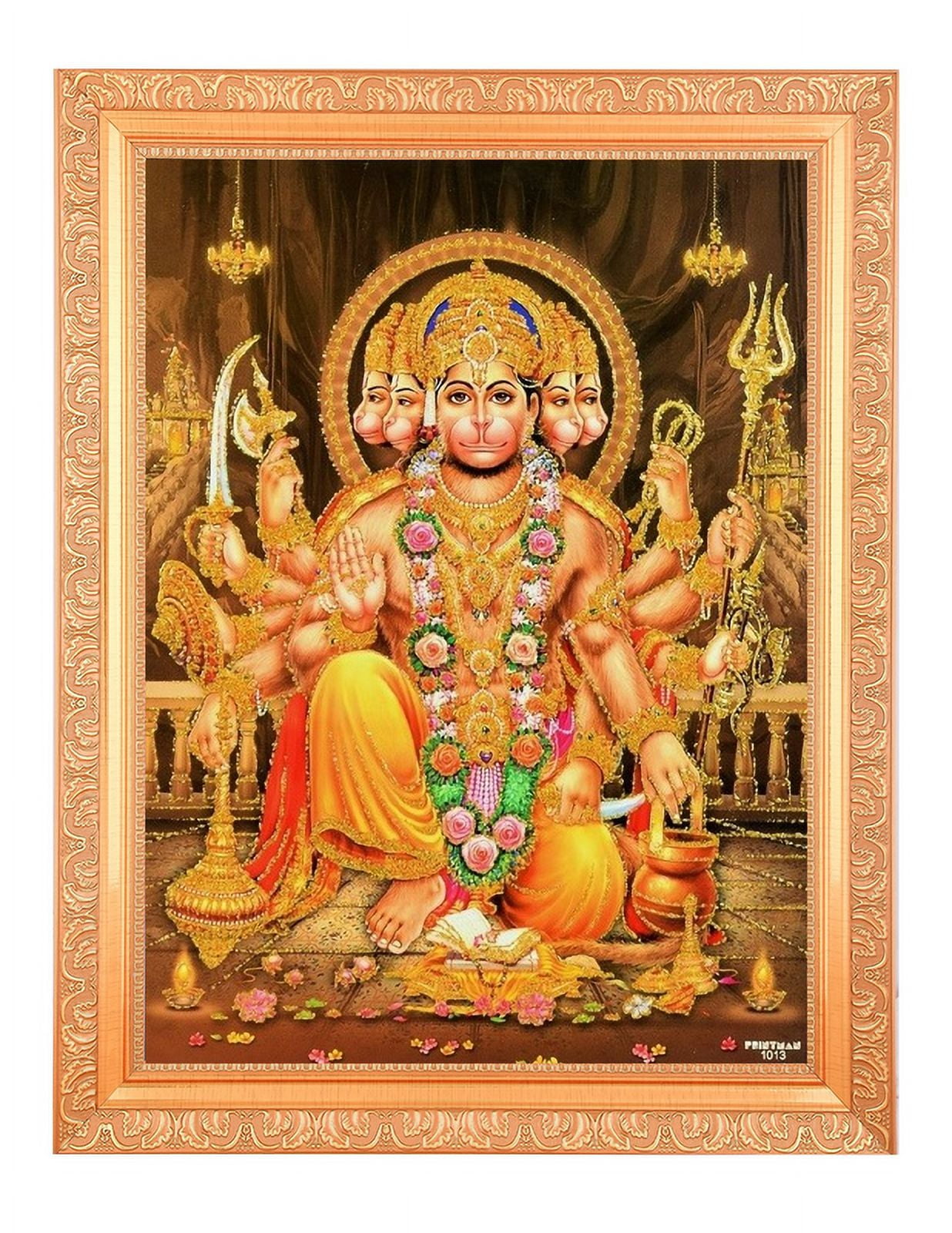 Bm Traders Panchmuhi Hanumanji Zari Print Photo In ArtWork Golden Frame ...