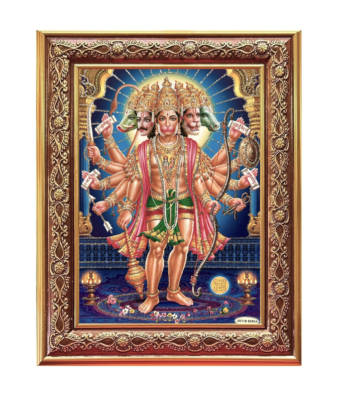 Bm Traders Panchmukhi Hanuman Silver Zari Artwork Photo In Golden Wall ...