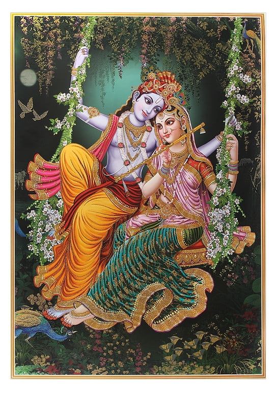 Bm Traders Radha Krishna On Swing Golden Zari Art Work Poster Without ...