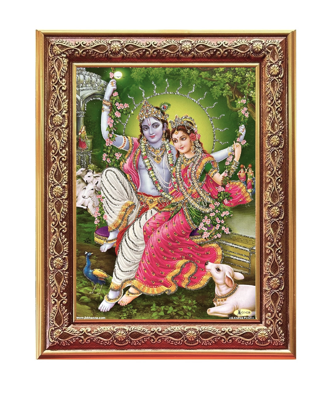 Bm Traders Radha Krishna On Swing Silver Zari Artwork Photo In Golden ...
