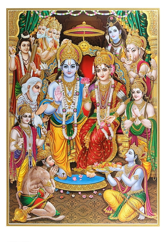 Bm Traders Ram Sita Darbar Golden Zari Art Work Poster Without Frame ...