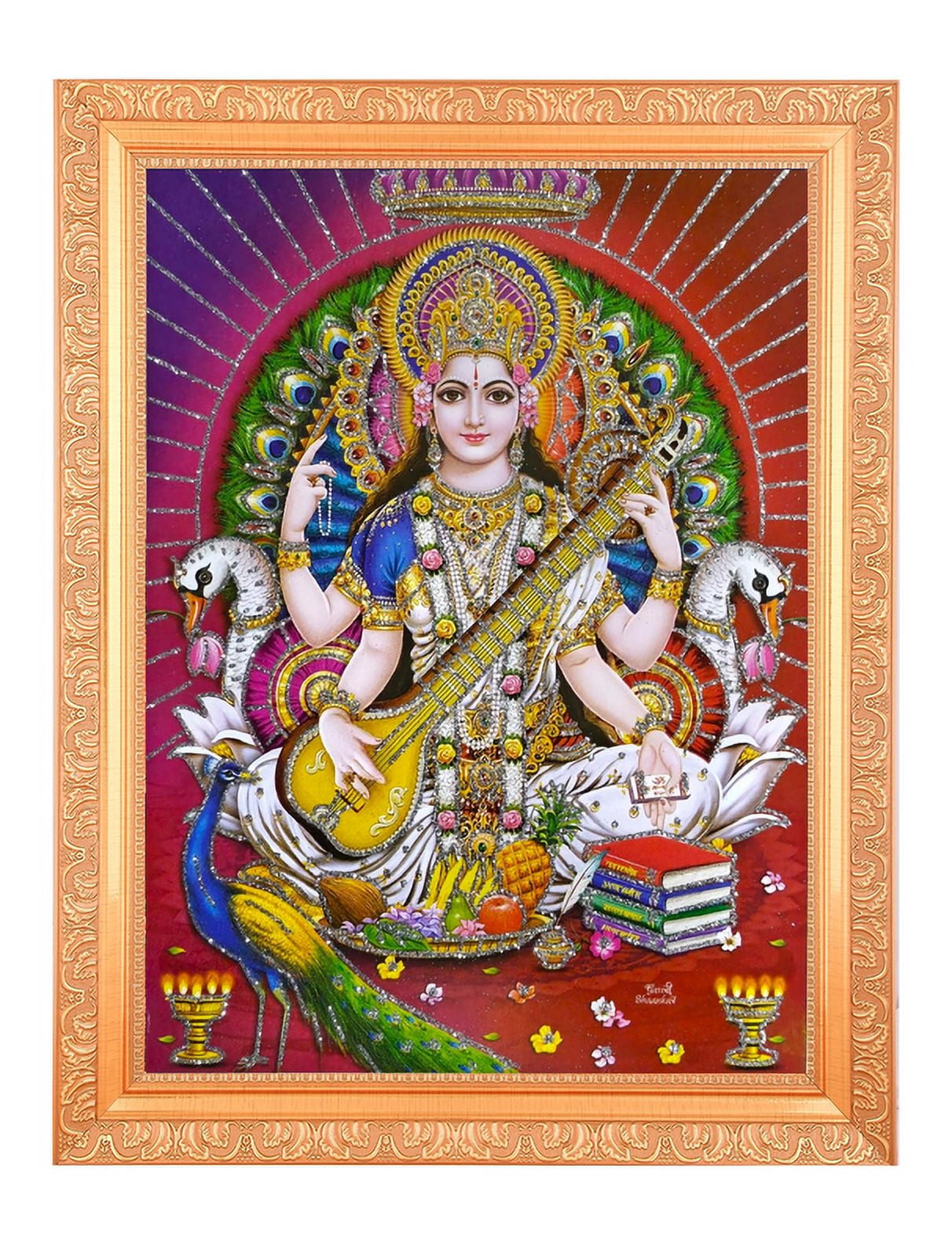 Bm Traders Saraswati Maa Zari Print Photo In ArtWork Golden Frame (11 x ...