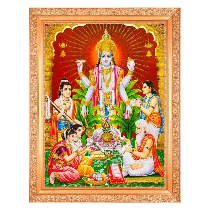 Bm Traders Satyanarayan Swami Zari Print Photo In ArtWork Golden Frame ...