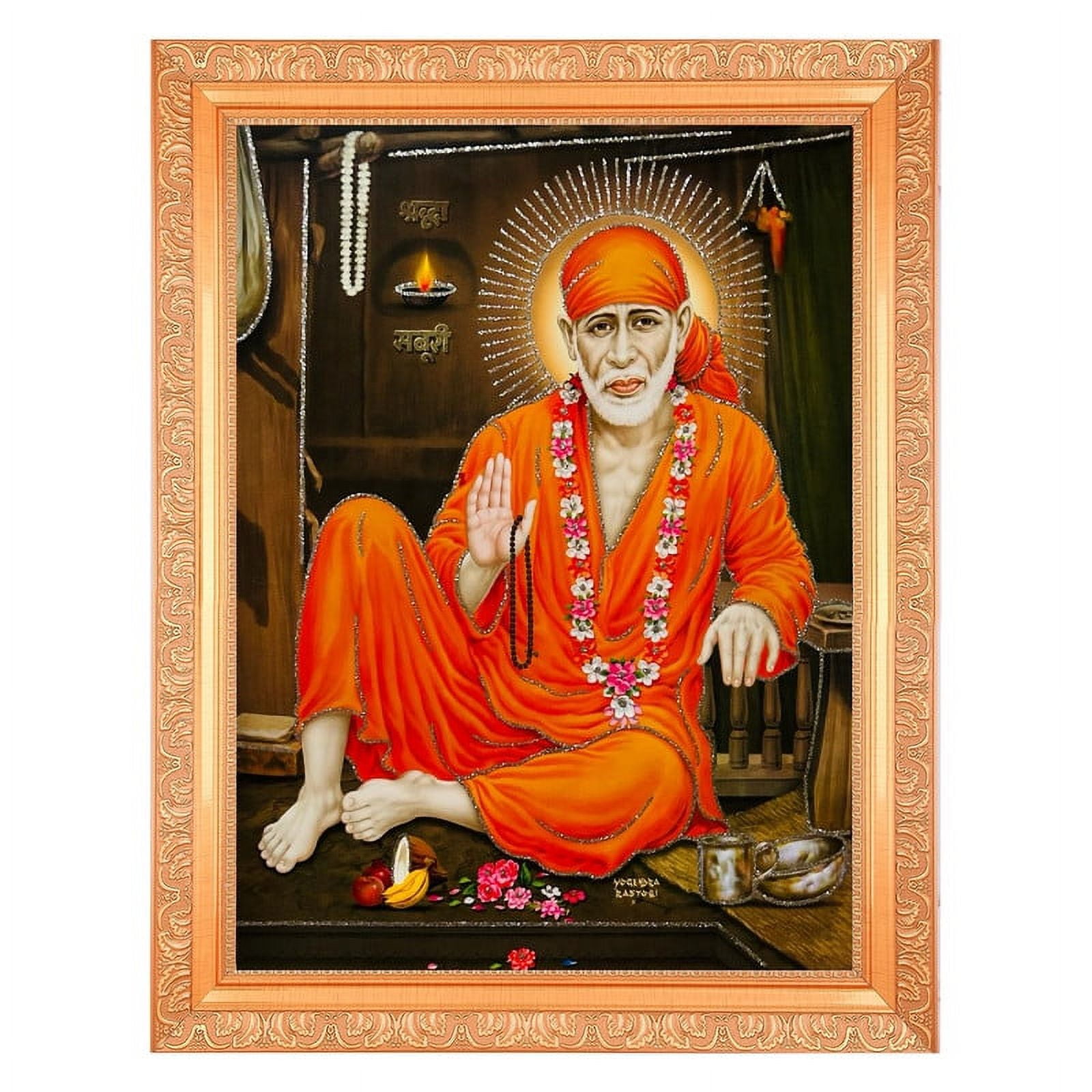 Bm Traders Shirdi Sai Zari Print Photo In ArtWork Golden Frame (11 x 14 ...