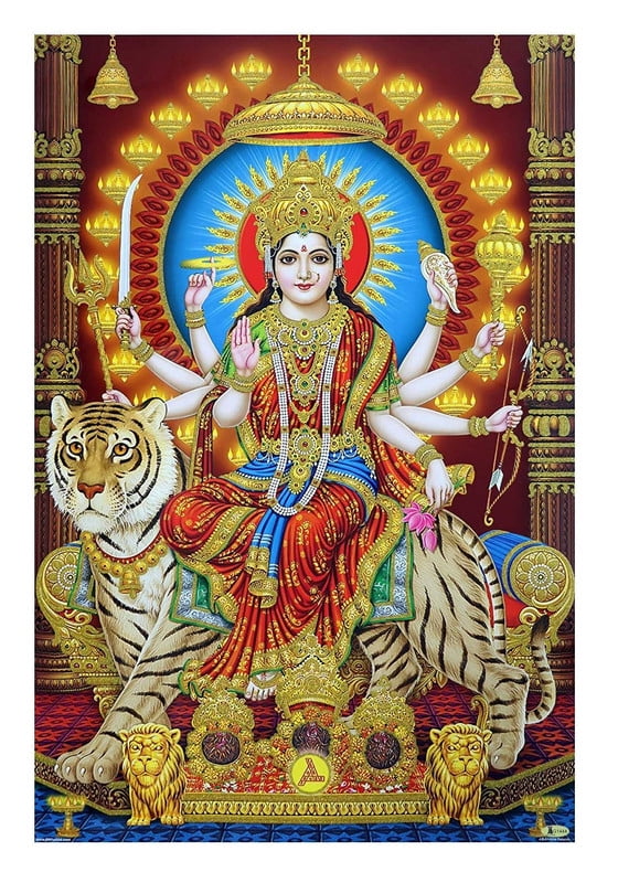 Bm Traders maa Durga Golden Zari Art Work Poster Without Frame (24 X 36 ...