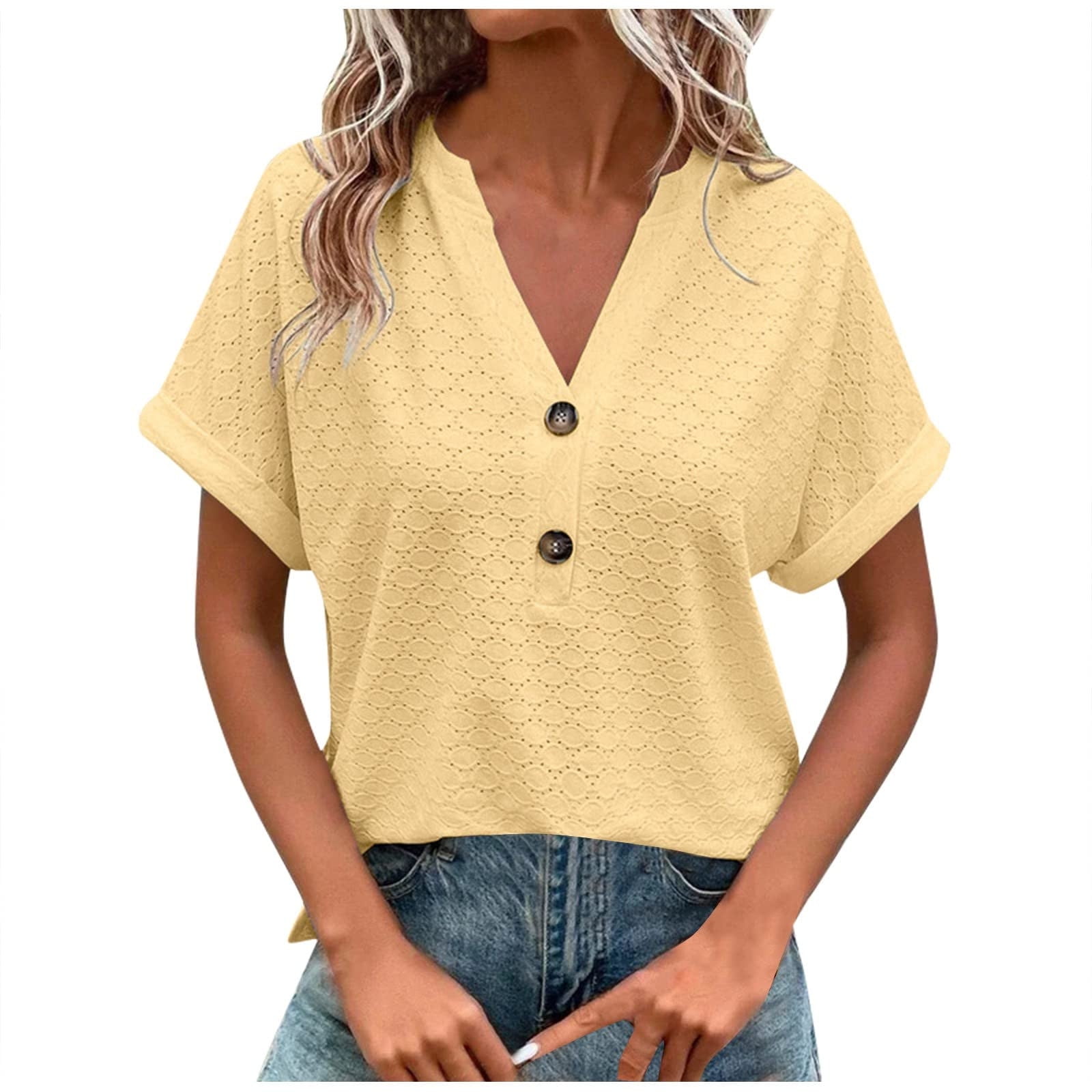 Bmawag Blouses for Women Short Sleeve V-Neck Solid Color Plus Size Button Up Pullover Shirts ...