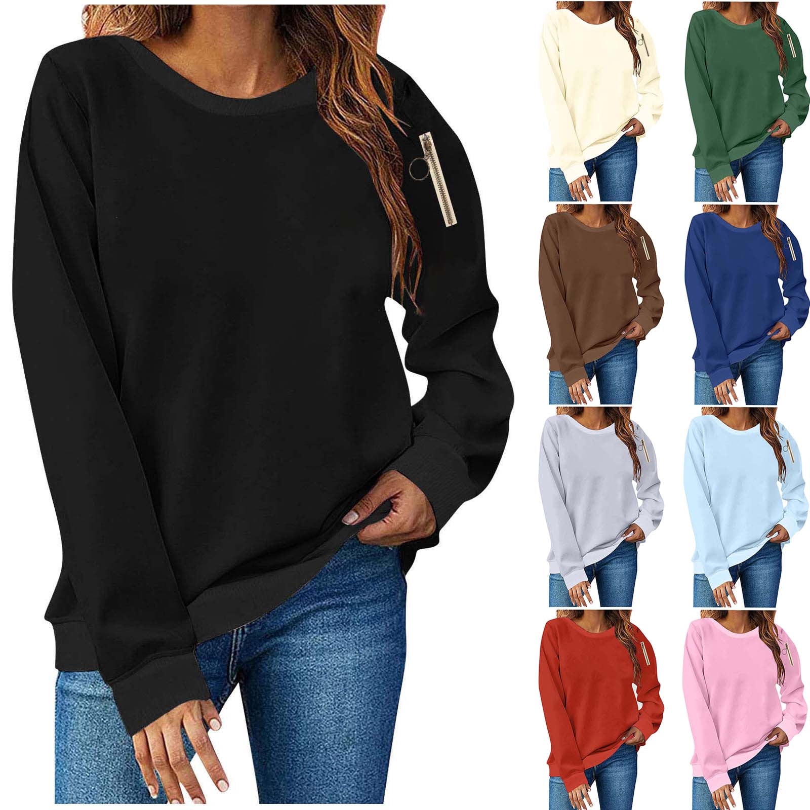 Bmawag Blouses for Women Casual Plus Size Long Sleeve Crew Neck Solid ...