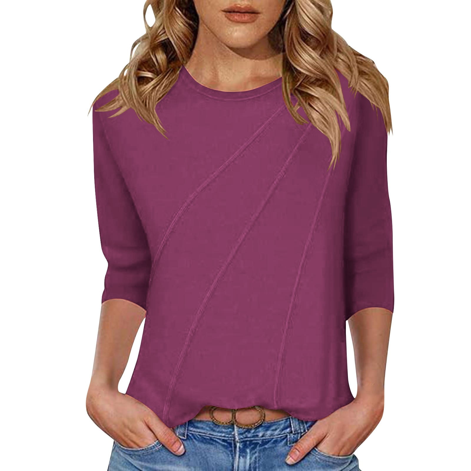 Bmawag Spring Tops Deals 3/4 Sleeve Crew Neck Solid Color Plus Size ...