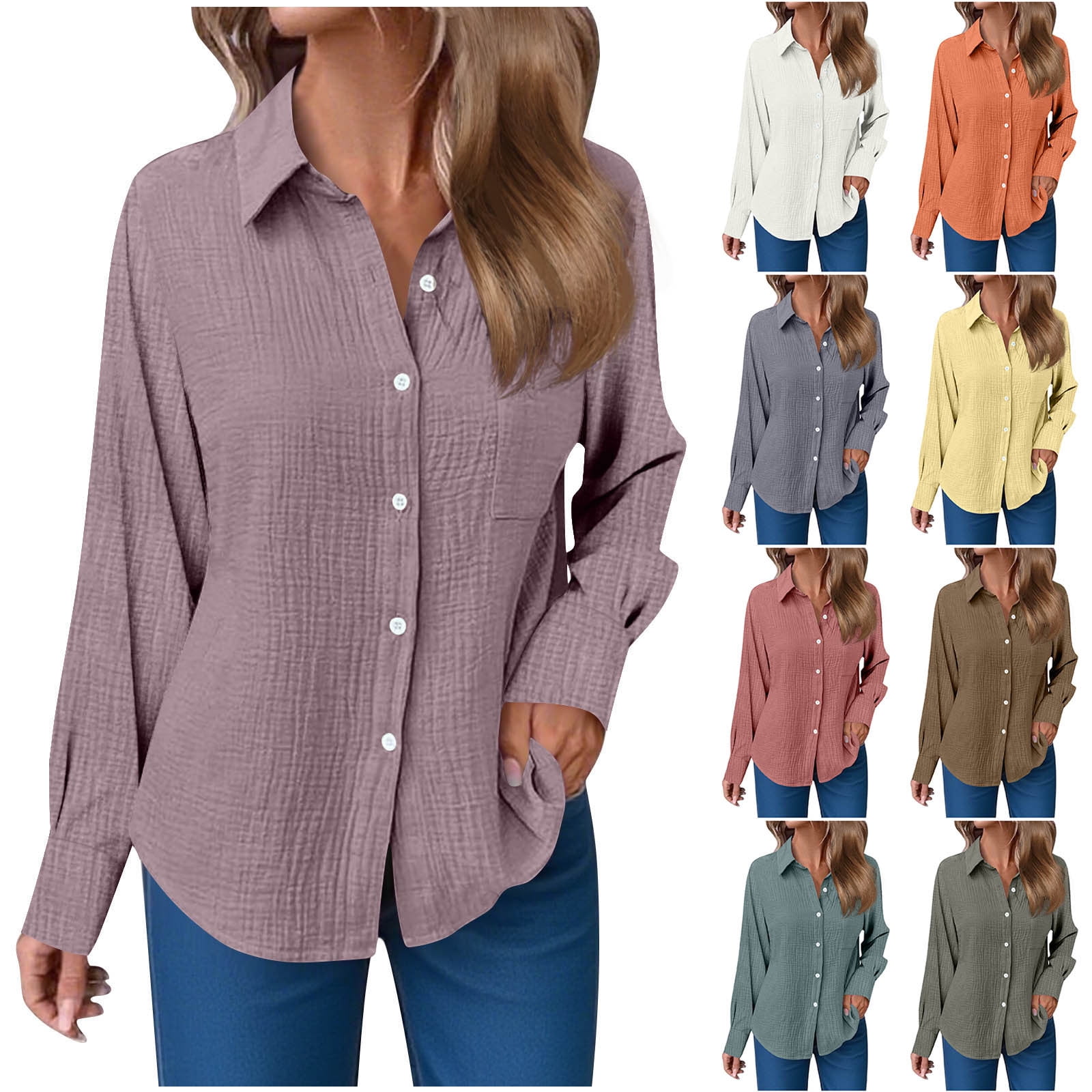 Bmawag Spring Tops for Women Plus Size Long Sleeve Turndown Collar ...