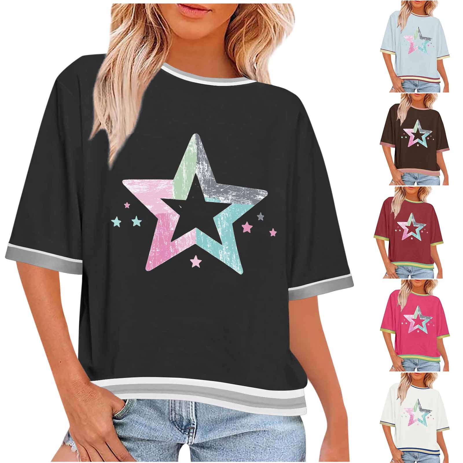 Bmawag Spring Tops for Women Plus Size Short Sleeve Crew Neck Star ...