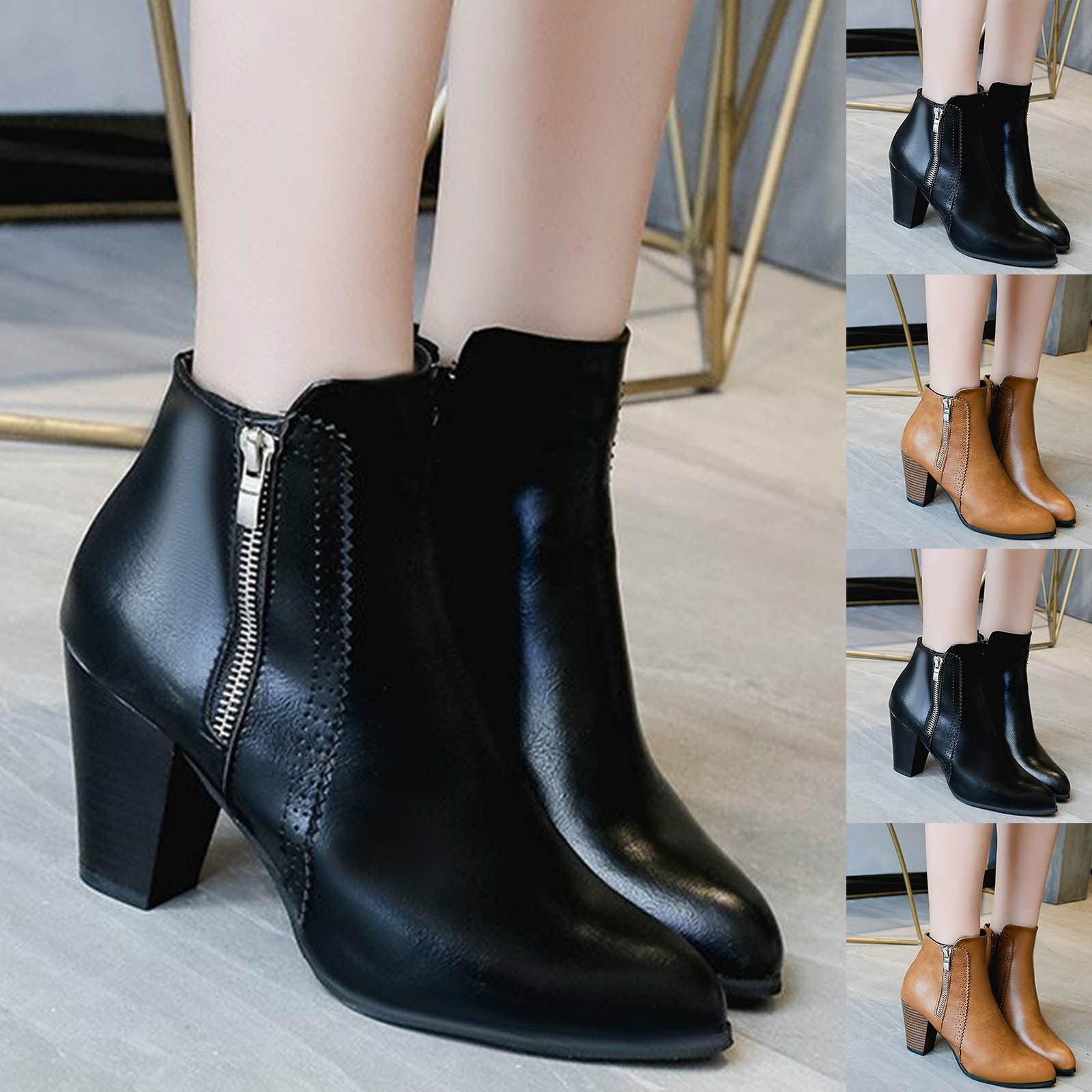 Bmawag Womens Boots Pointy Toe Chunky Heel Side Zipper Mid Calf Ankle ...