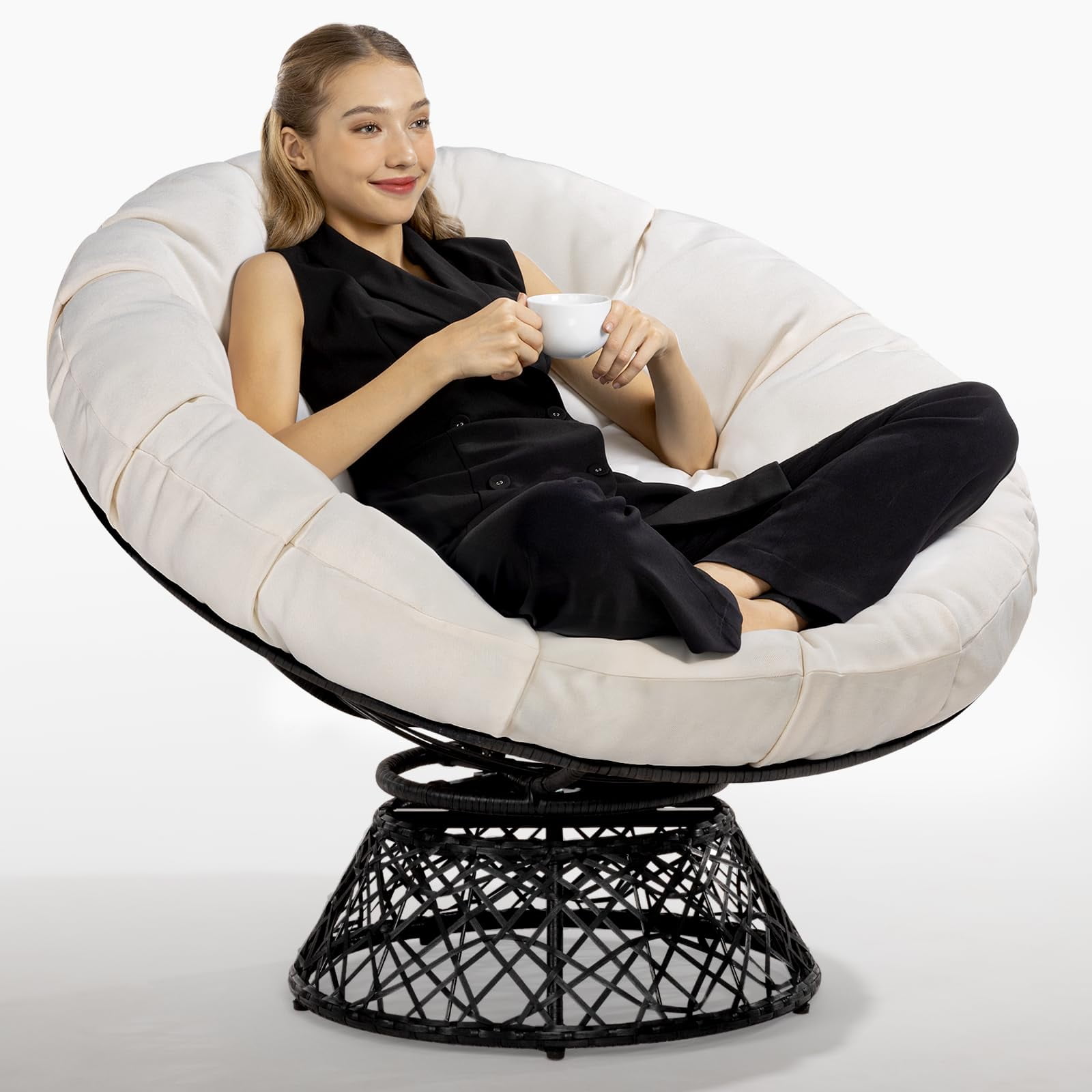 Bme 40" Ergonomic Wicker Papasan Chair with Soft Thick Cushion & Frame, 360° Swivel Papasan ...