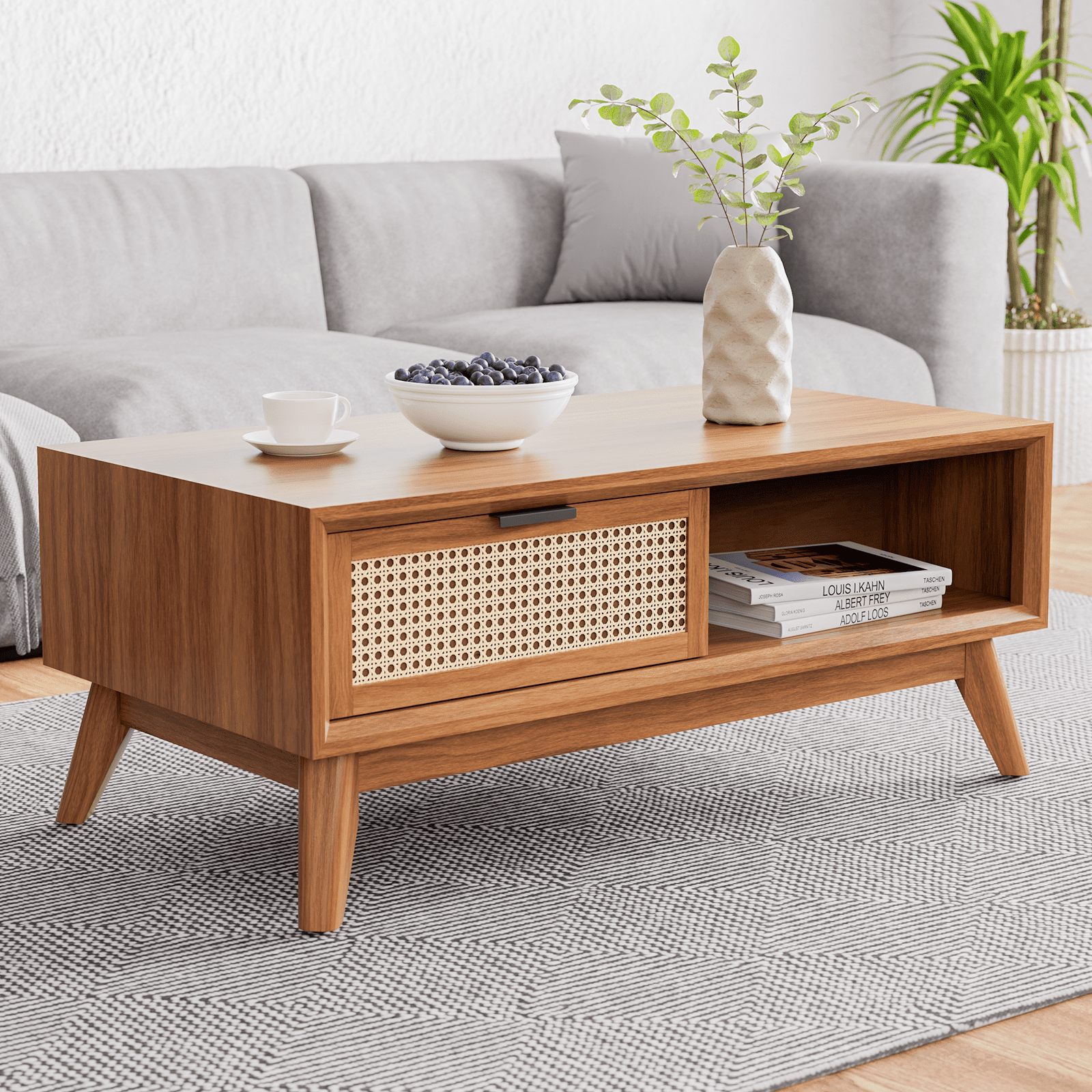 Bme Jassy Solid Wood Coffee Table with Rattan Drawers, Cacao, Vintage ...