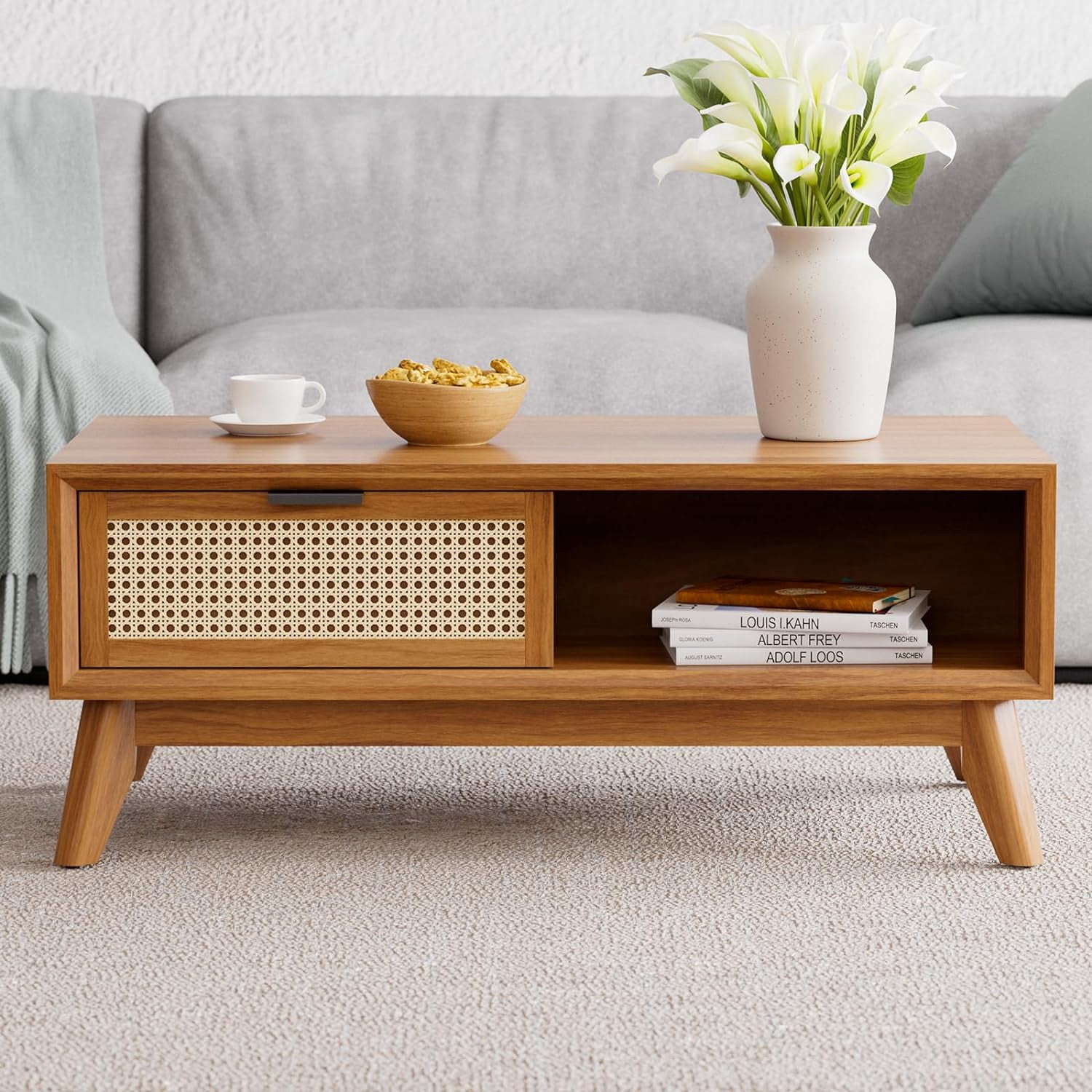 Bme Jassy Solid Wood Coffee Table 2 Alternate Rattan Drawers, Cacao ...
