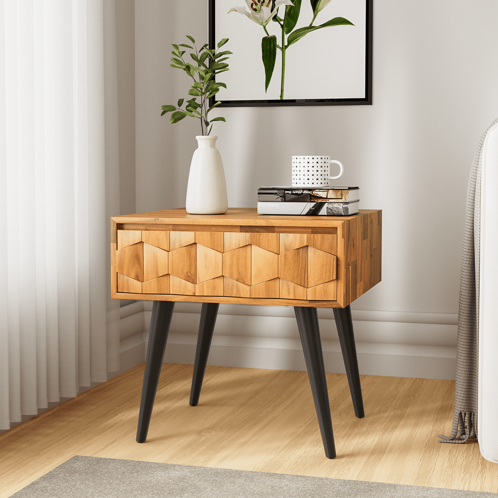 Patronza Solid Wood Side Table 1 Drawer, Rhombus Pattern, Autumn ...