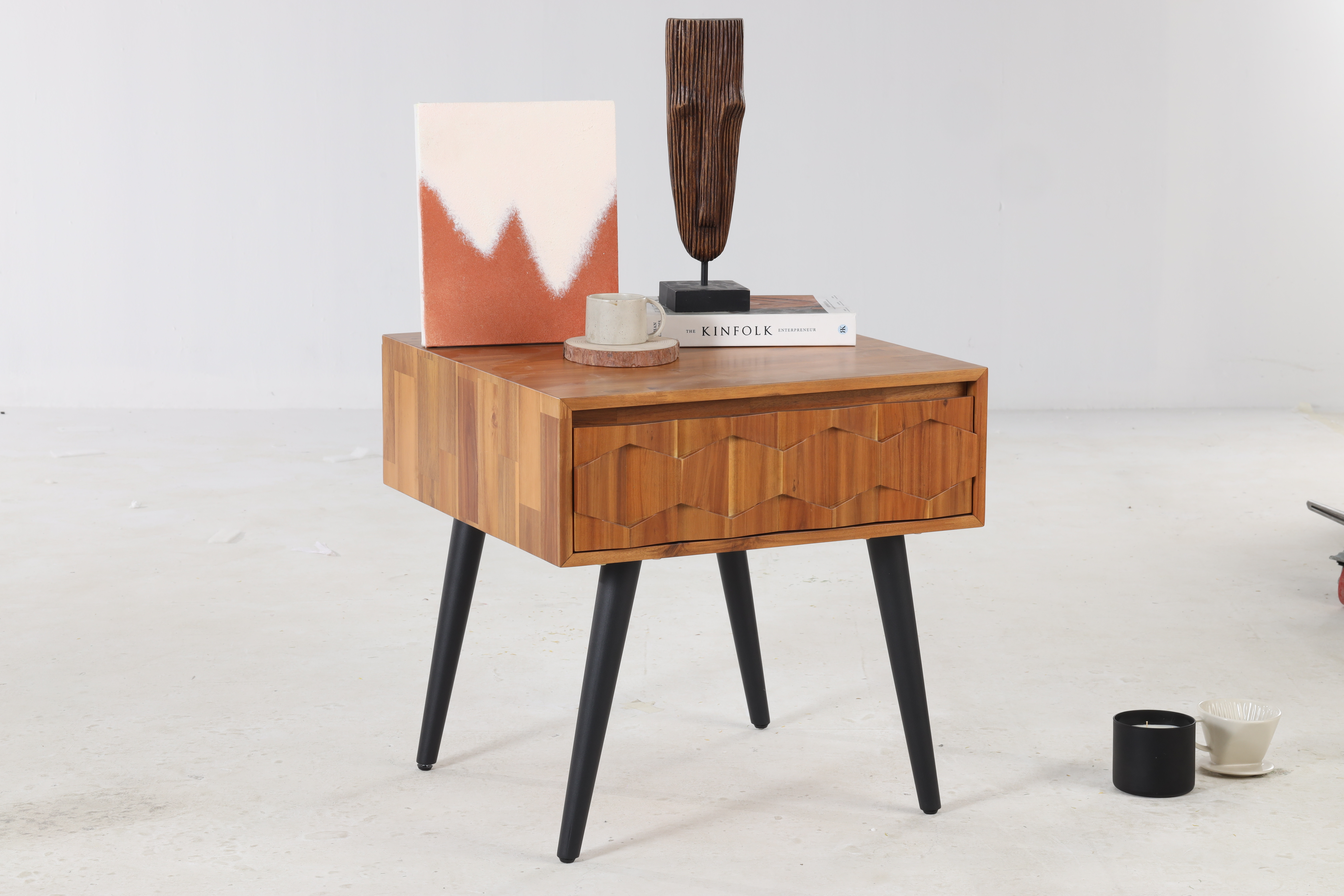 Bme Patronza Solid Wood Side Table 1 Drawer, Rhombus Pattern, Autumn ...