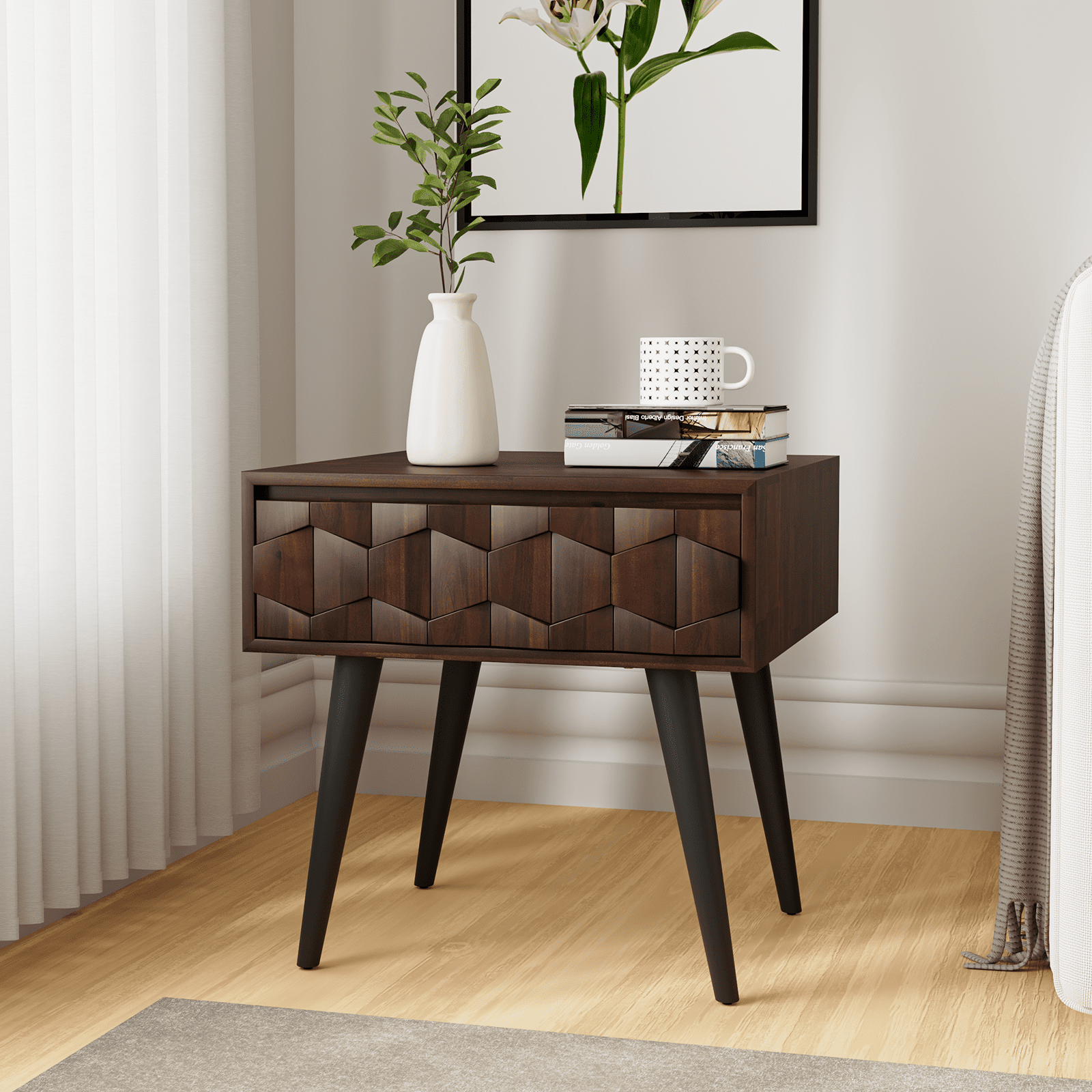 Patronza Solid Wood Side Table 1 Drawer, Rhombus Pattern, Natural ...