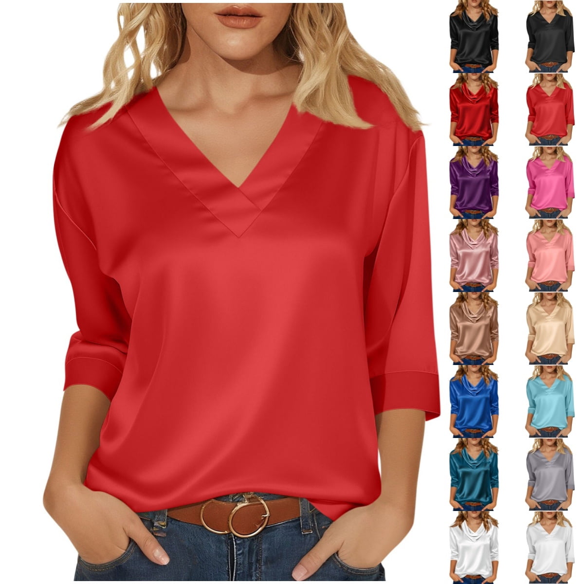 Bmisegm 3/4 Sleeve Tops For Women Casual Loose Fit V Neck Solid Color ...