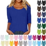 Bmisegm 3/4 Sleeve Tops for Women Casual Solid Color Print Crew Neck T ...