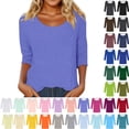 Bmisegm 3/4 Sleeve Tops for Women Casual Solid Color Print Crew Neck T ...