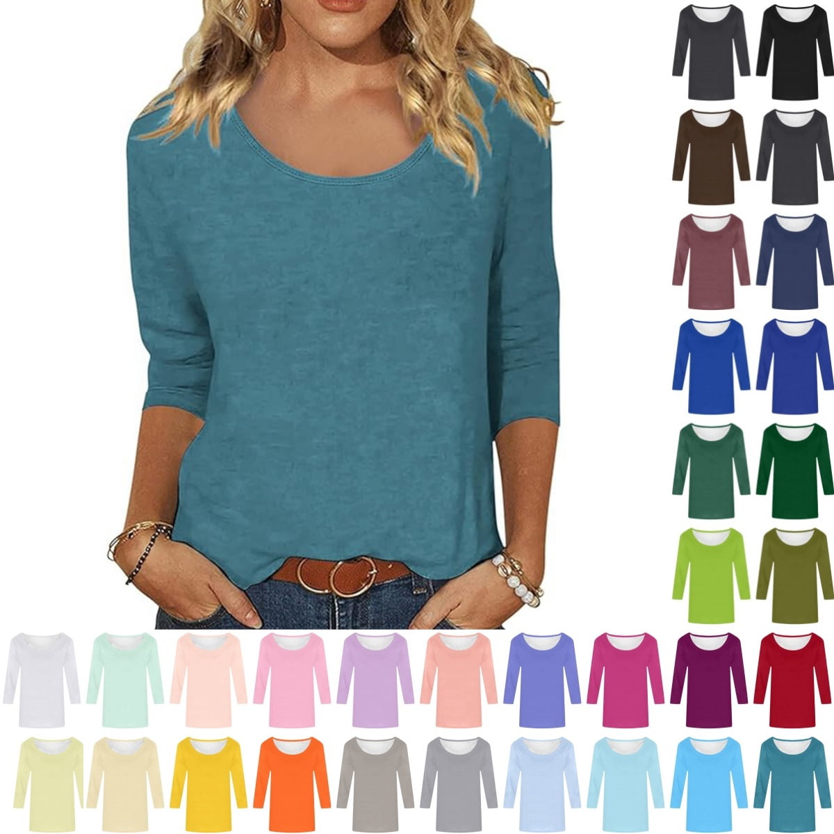 Bmisegm 3/4 Sleeve Tops for Women Casual Solid Color Print Crew Neck T ...